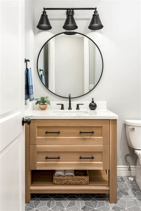 Wooden Bathroom Vanity With Round Mirror Half Bath With Black