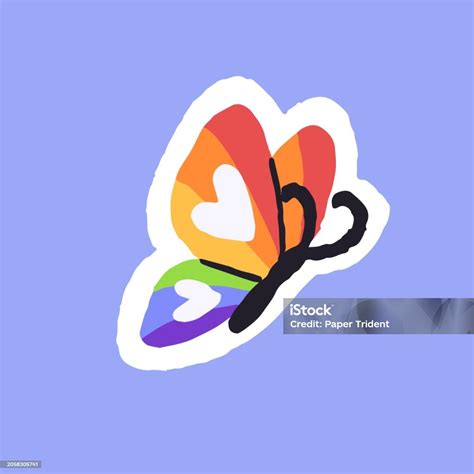Lgbt 프라이드 깃발이 있는 무지개 나비 날개에 하트 귀여운 Lgbtq 스티커 자기 수용 개념 성적 지향 성별 퀴어 사랑의 상징 편평한 손으로 그린 고립 된 벡터 그림 0