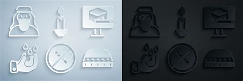 금연 카바 모스크 우두 기도를위한 무슬림 모자 불타는 촛불과 남자 아이콘을 설정합니다 벡터 3차원 형태에 대한 스톡 벡터 아트 및 기타 이미지 Istock