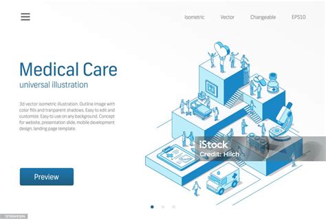 의료 의사와 간호사 팀워크 헬스케어 환자 치료 아이소메트릭 라인 그림 병원 클리닉 연구 실험실 진단 아이콘 성장 단계 인포그래픽 개념 건강관리와 의술에 대한 스톡 벡터 아트