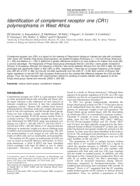 Pdf Identification Of Complement Receptor One Cr1 Polymorphisms In