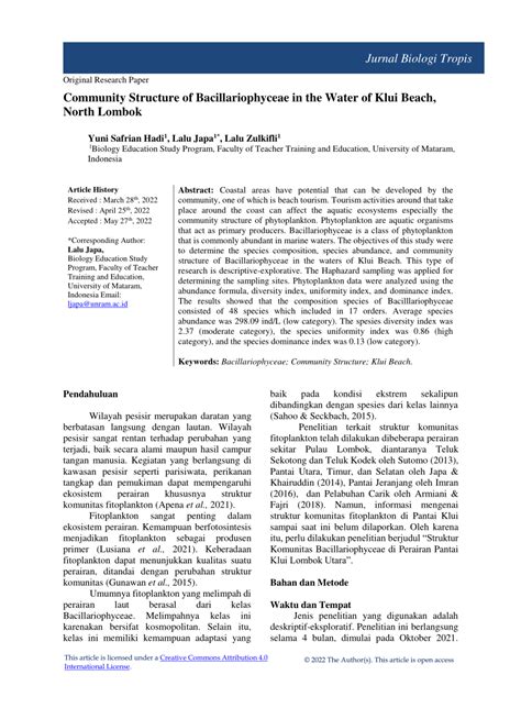 Pdf Community Structure Of Bacillariophyceae In The Water Of Klui Beach North Lombok