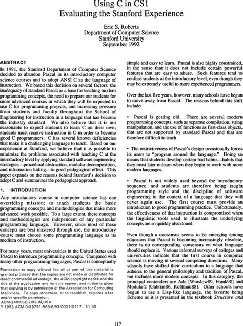 Using C In Cs1 Evaluating The Stanford Experience Acm Sigcse Bulletin