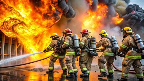 A Group Of Firemen Are Standing In Front Of A Large Fire Premium Ai