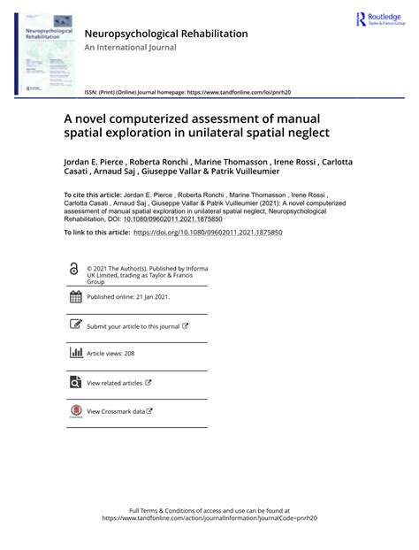 Pdf A Novel Computerized Assessment Of Manual Spatial Exploration In Unilateral Spatial Neglect