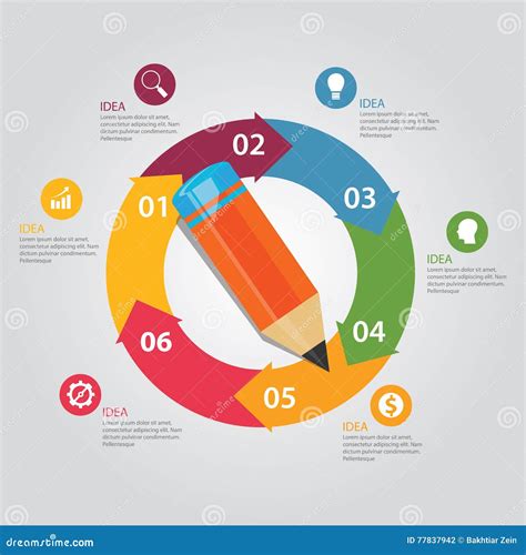 Six Steps Circle Arrow Pencil Education Circular Presentation Work