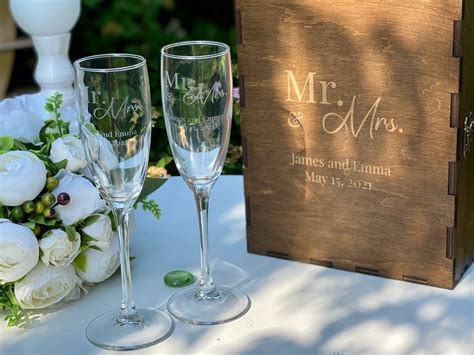 Personalized Wedding Champagne Flutes With Engraved Wooden T Box Etsy