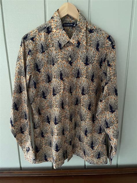 1970s Disco White Peacock Feather Print Button Down S Gem