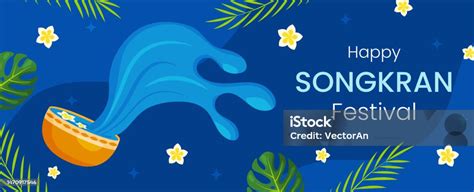 태국 인사말 카드 배너의 벡터 송크란 물 축제 금컵 물 열대 꽃 파란색 배경에 나뭇잎 가로 초대장 전단지 브로셔 이벤트 포스터 0명에 대한 스톡 벡터 아트 및 기타 이미지