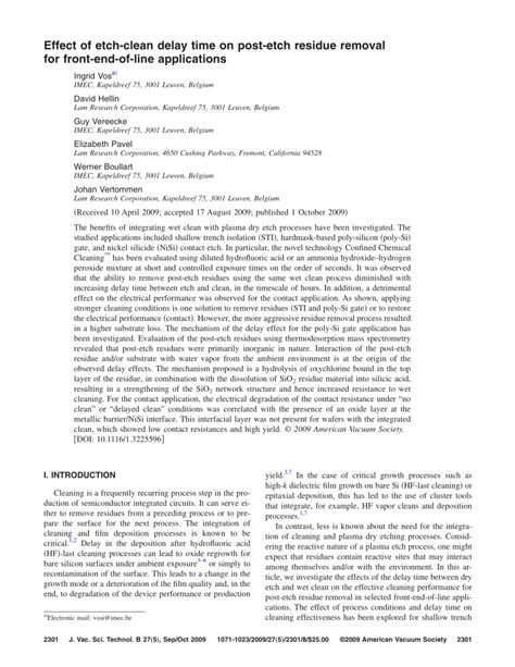 Pdf Effect Of Etch Clean Delay Time On Post Etch Residue Removal For