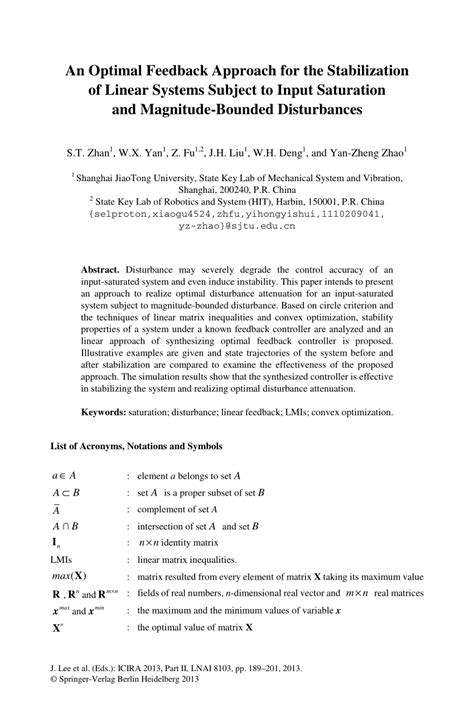 Pdf An Optimal Feedback Approach For The Stabilization Of Linear