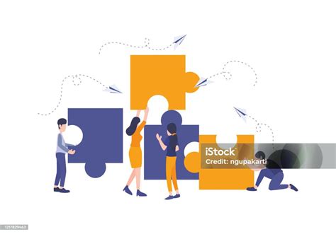 벡터 플랫 일러스트레이션 비즈니스 개념 팀 은유 사람들은 퍼즐 요소를 연결합니다 남자와 여자 팀워크 협력 파트너십의 상징과 큰 퍼즐 부품 팀워크에 대한 스톡 벡터 아트 및