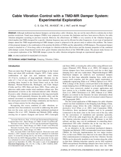 Pdf Cable Vibration Control With A Tmd Mr Damper System Experimental Exploration