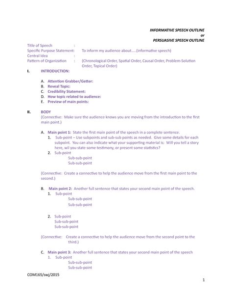 Template Preparation Outline Informative Speech Outline Or Persuasive