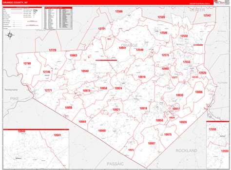 Orange County Ny Zip Code Wall Map Red Line Style By Marketmaps