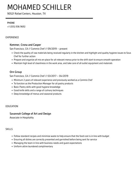 Commis Chef Resume Samples Velvet Jobs