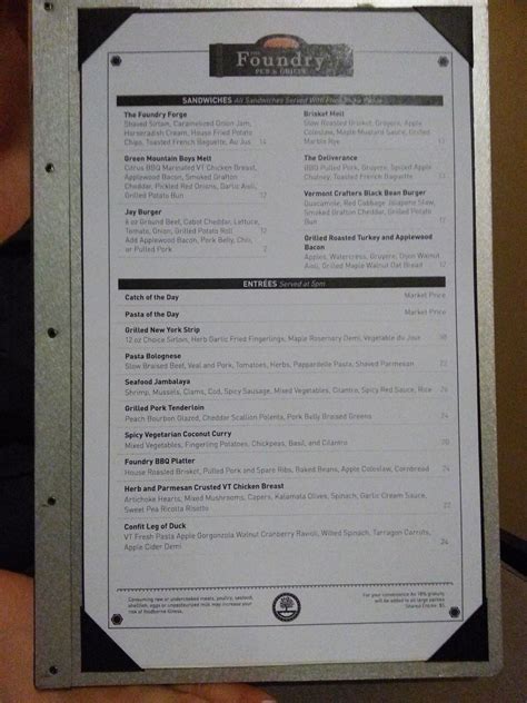 Menu At The Foundry Pub And Grille Jay 830 Jay Peak Rd