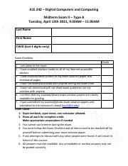 ECE 242 Spring 2021 Midterm II Type A Solution Pdf ECE 242 Digital Computers And Computing