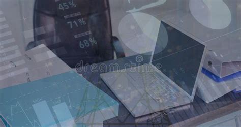 Animation Of Statistical Data Processing Over Equipments On Office Desk Against Network Towers