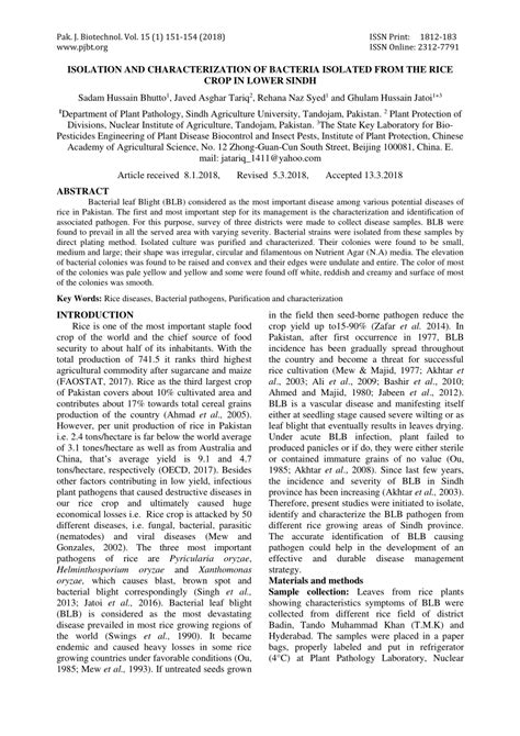 Pdf Isolation And Characterization Of Bacteria Isolated From The Rice Crop In Lower Sindh