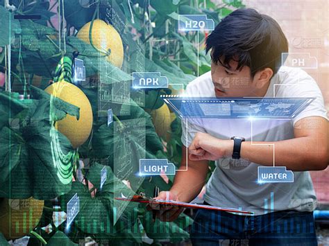 年轻聪明的亚洲农民在他的智能农场使用ar Vr 3d投影玻璃技术。