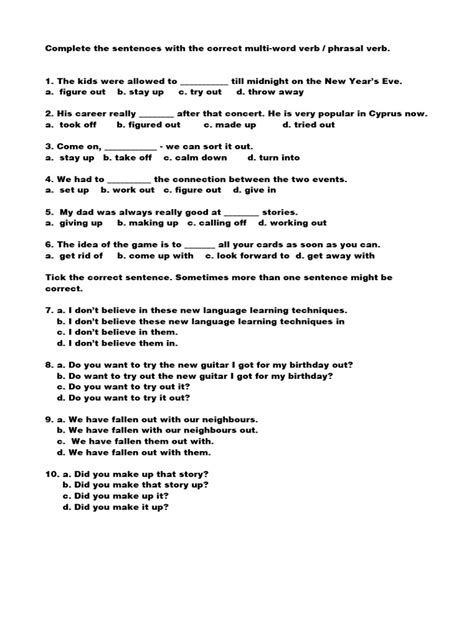 multi word verb multple choice questions and answers pdf