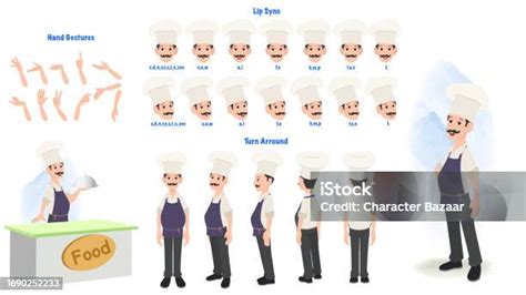 요리사 캐릭터 입술 동기화 손 제스처 애니메이션을 위한 모델 시트 회전 개체 그룹에 대한 스톡 벡터 아트 및 기타 이미지
