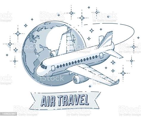 비행기 여객기 행성 지구 및 입력 리본 항공사 항공 여행 엠블럼 또는 일러스트 흰색 배경 위에 격리 된 아름다운 얇은 선 벡터입니다 로고에 대한 스톡 벡터 아트 및 기타