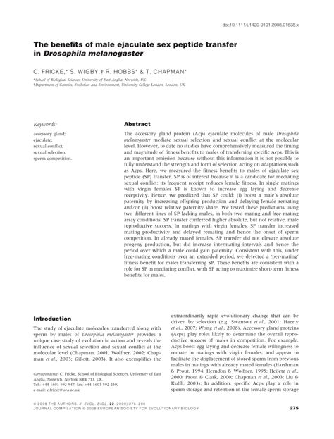 PDF The Benefits Of Male Ejaculate Sex Peptide Transfer In Drosophila Melanogaster