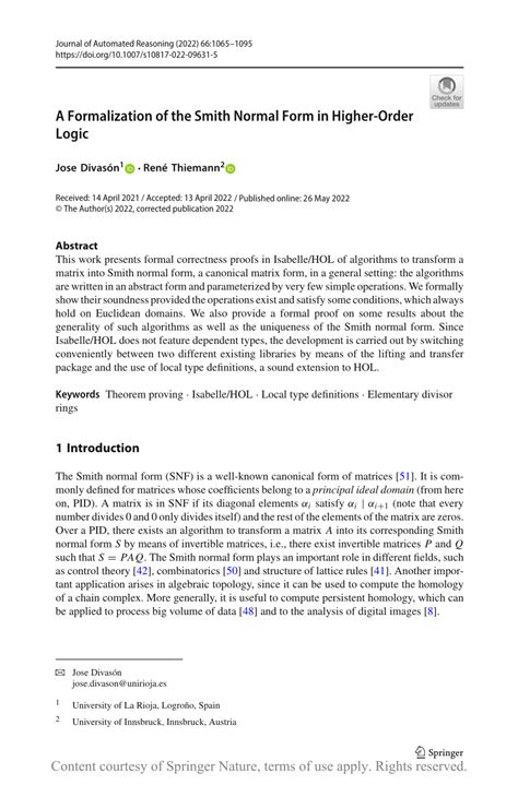 Pdf A Formalization Of The Smith Normal Form In Higher Order Logic