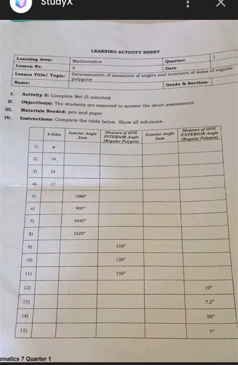 Stuayx LEARNING ACTIVITY SHEET Learning Area StudyX