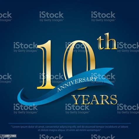 기념일 축 하 엠 블 럼 10 년 기념일 황금 로고 파란색 리본에 검은 배경 축 하 인사말 카드 및 초대장에 대 한 벡터 일러스트 레이 션 템플릿 디자인 10주년에 대한