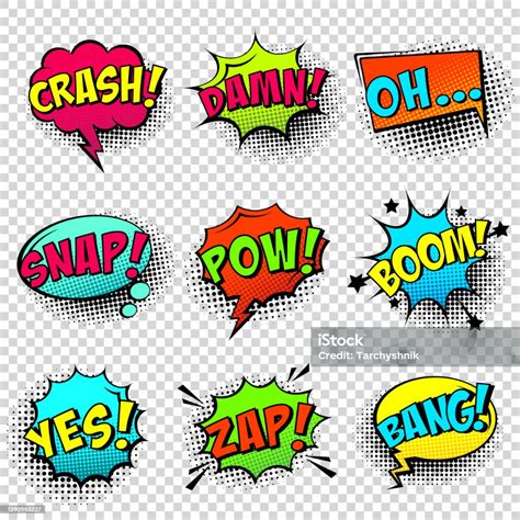하프톤 그림자와 텍스트 문구만화 컬러 의 연설 거품 감정의 소리 표현 손으로 그린 복고풍 만화 스티커 팝 아트 스타일 벡터