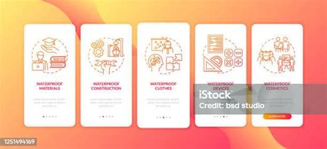 개념 세트와 모바일 앱 페이지 화면에 보드 방수 구조 물 보호 재료 연습 5 단계 그래픽 지침 Rgb 색상 그림이 있는 Ui 벡터 템플릿 개념에 대한 스톡 벡터 아트 및