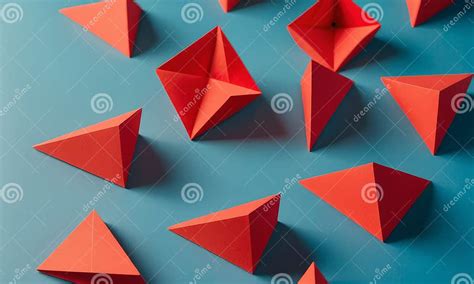 Collection Red Paper Triangles Arranged In Grid Like Pattern Against Blue Background Stock