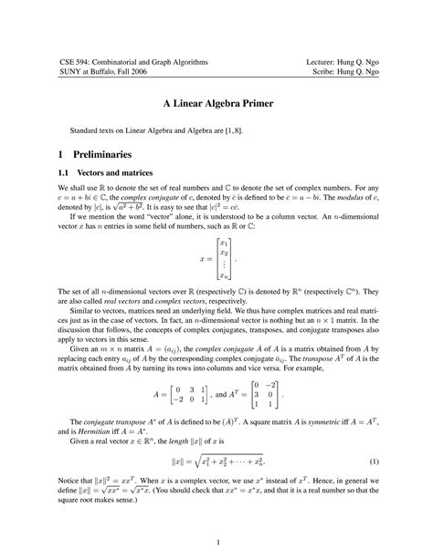 Lecture Notes A Linear Algebra Primer Cse 594 Combinatorial And