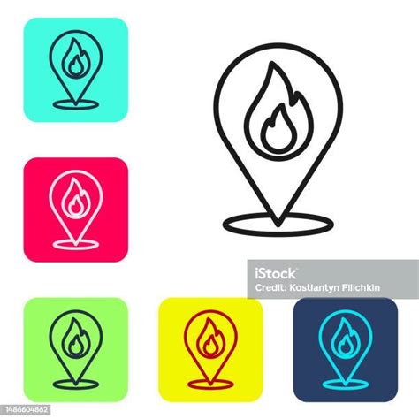 흰색 배경에 격리 된 화염 아이콘이있는 검은 줄맵 포인터 근처에서 화재 색상 정사각형 단추로 아이콘을 설정합니다 벡터 3차원