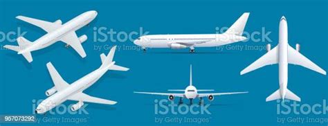 파란색 배경에 비행기입니다 비행기의의 산업 청사진 상단 측면 정면에 아이소메트릭 정기 여객기 평면 스타일 벡터 일러스트입니다 비행기에 대한 스톡 벡터 아트 및 기타 이미지