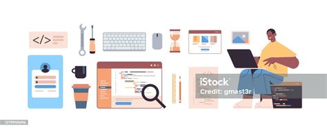 소프트웨어 및 프로그래밍 아이콘 세트의 프로그램 코드 개발을 만드는 랩톱을 사용하는 남성 웹 개발자 가공의 인물에 대한 스톡 벡터 아트 및 기타 이미지 Istock