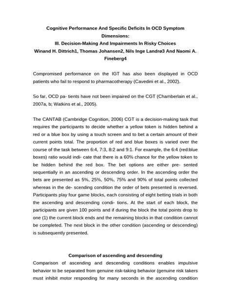 Cognitive Performance And Specific Deficits In Ocd Symptom Dimensions Pdf Obsessive