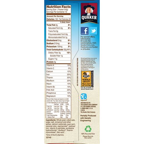 Quaker Instant Oatmeal Cinnamon And Spice Nutrition Facts At Amelia