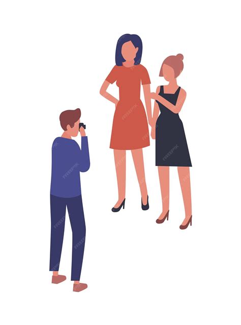 두 여성 모델 벡터 평면 그림을 촬영하는 만화 남성 사진 작가 남자 사진 포즈 여자 캐릭터 흰색 배경에 고립 스튜디오에서