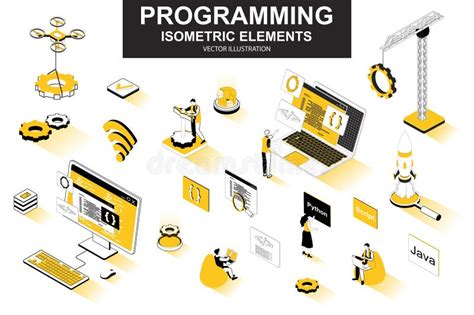Programming Bundle Of Isometric Elements Developer Working Program