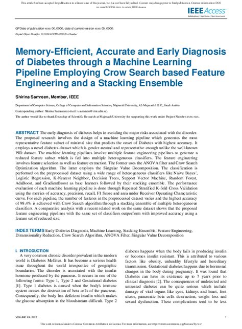 Pdf Memory Efficient Accurate And Early Diagnosis Of Diabetes Through A Machine Learning