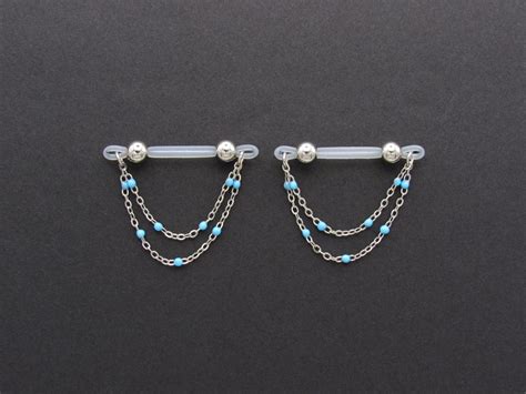 Pair Of Womens Fake Nipple Rings Stainless Steel Barbells And Chains