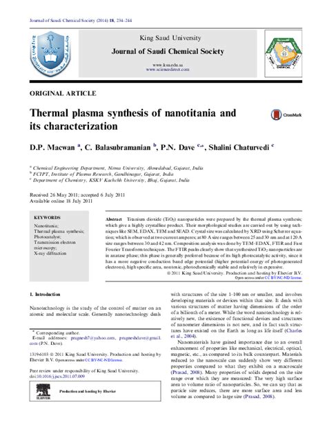 Pdf Thermal Plasma Synthesis Of Nanotitania And Its Characterization
