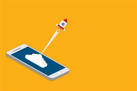 응용 프로그램 실행입니다 시작 벡터 개념 평면 만화 로켓 이나 우주선 발사 휴대폰 또는 스마트폰 성공적인 비즈니스 프로젝트 시작 기술 부스트 혁신의 아이디어 0명에 대한