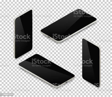 현실적인 등분성 스마트 폰 세트 투명 한 배경에 빈 검은 색 화면과 그림자 상단 보기와 3d 금속 회색 휴대 전화 웹 응용 프로그램 모형 앱 데모에 대한 벡터 일러스트레이션