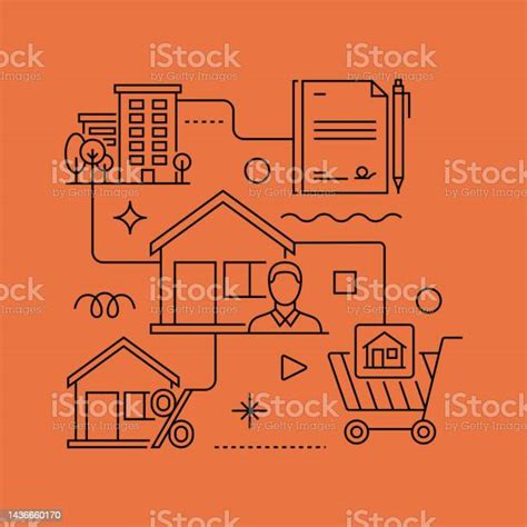 부동산 관련 벡터 배너 디자인 컨셉 아이콘이 있는 모던 라인 스타일 임대 주택에 대한 스톡 벡터 아트 및 기타 이미지 임대