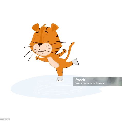 타이거는 아이스링크에서 스케이트를 타고 있습니다 귀여운 만화 캐릭터 호랑이는 2022 년의 상징이다 어린이를 위한 벡터 그림입니다 흰색 배경에 격리 0명에 대한 스톡 벡터